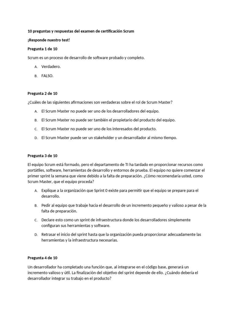 10 Preguntas y Respuestas Del Examen de Certificación Scrum | PDF | Scrum (desarrollo de ...