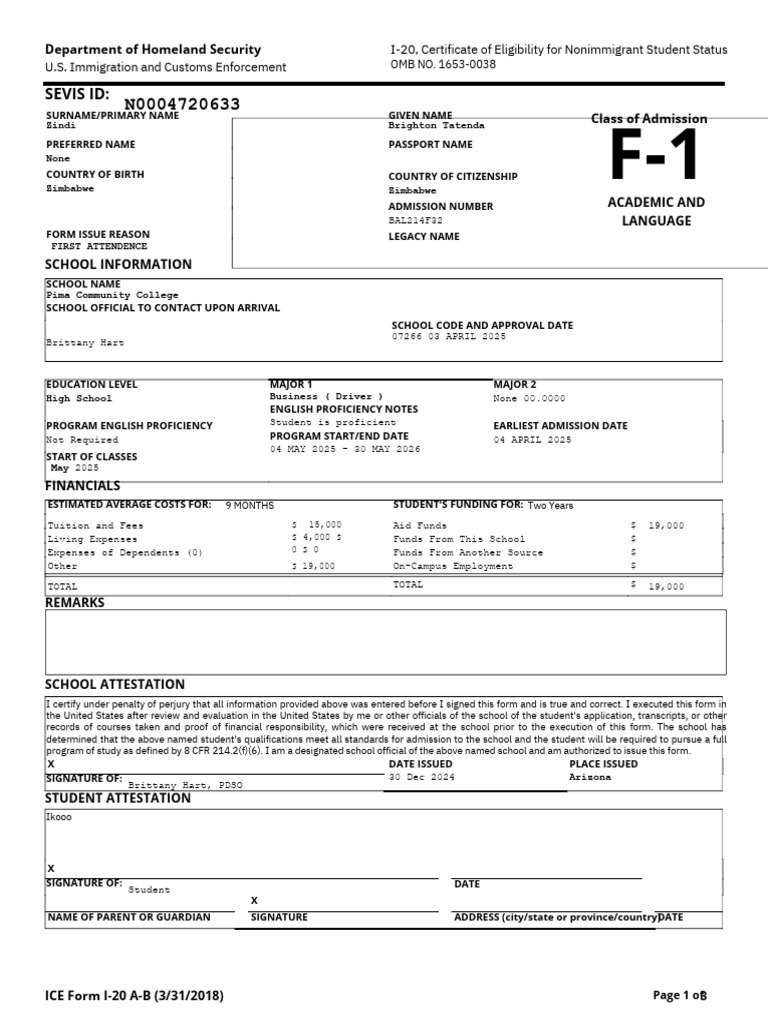 I-20 Certificate for Brighton Zindi | PDF | Travel Visa | Human Migration