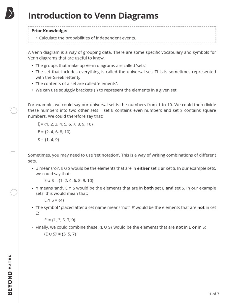 Introduction To Venn Diagrams (Print) | PDF