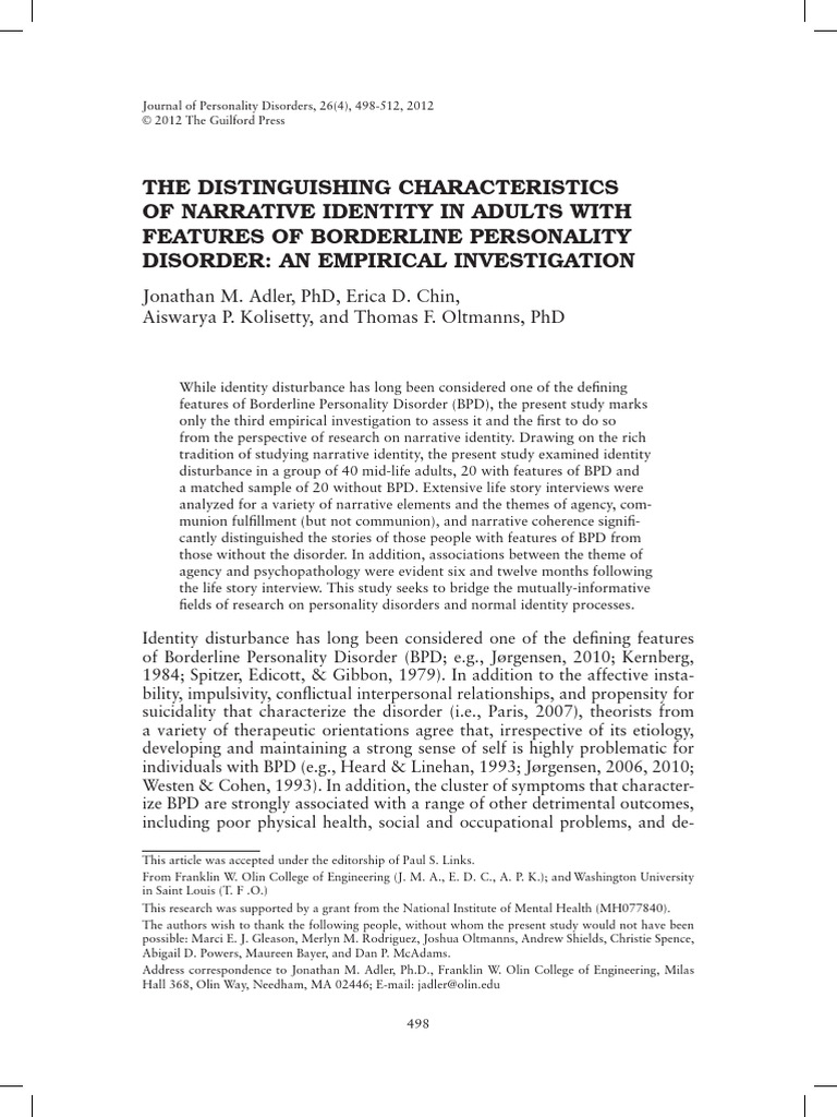The Distinguishing Characteristics of Narrative Identity in Adults With Features of Borderline ...