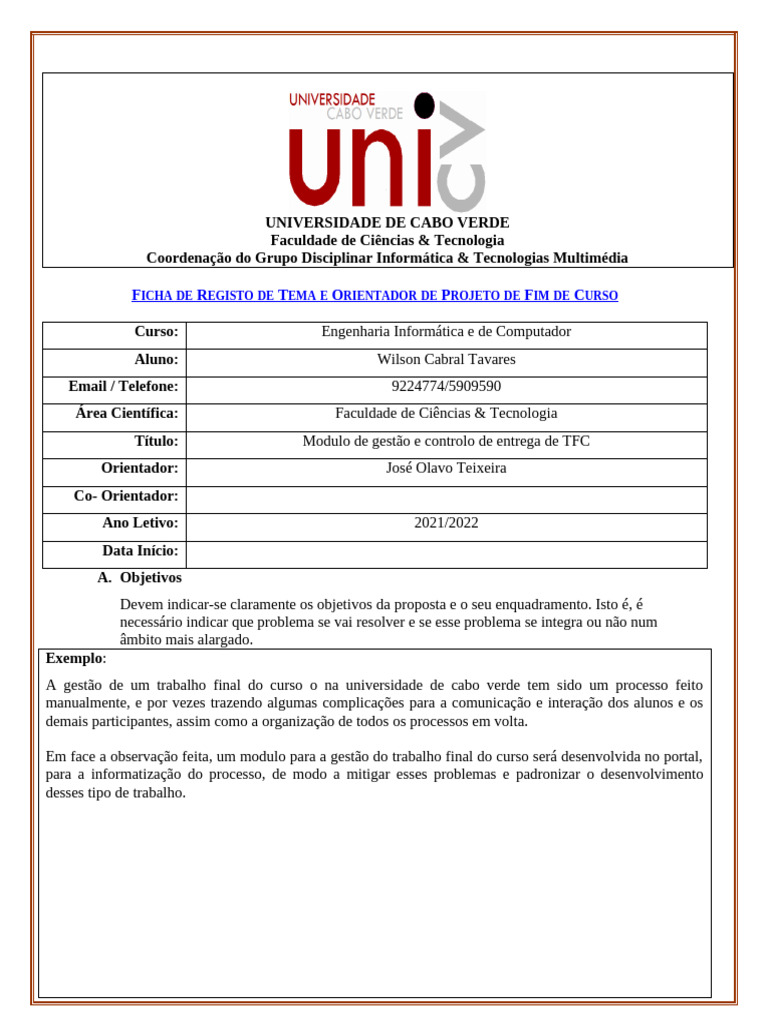 Ficha de Registo de Tema e Orientador de TFC (2) (1) | PDF | Usabilidade | Informática