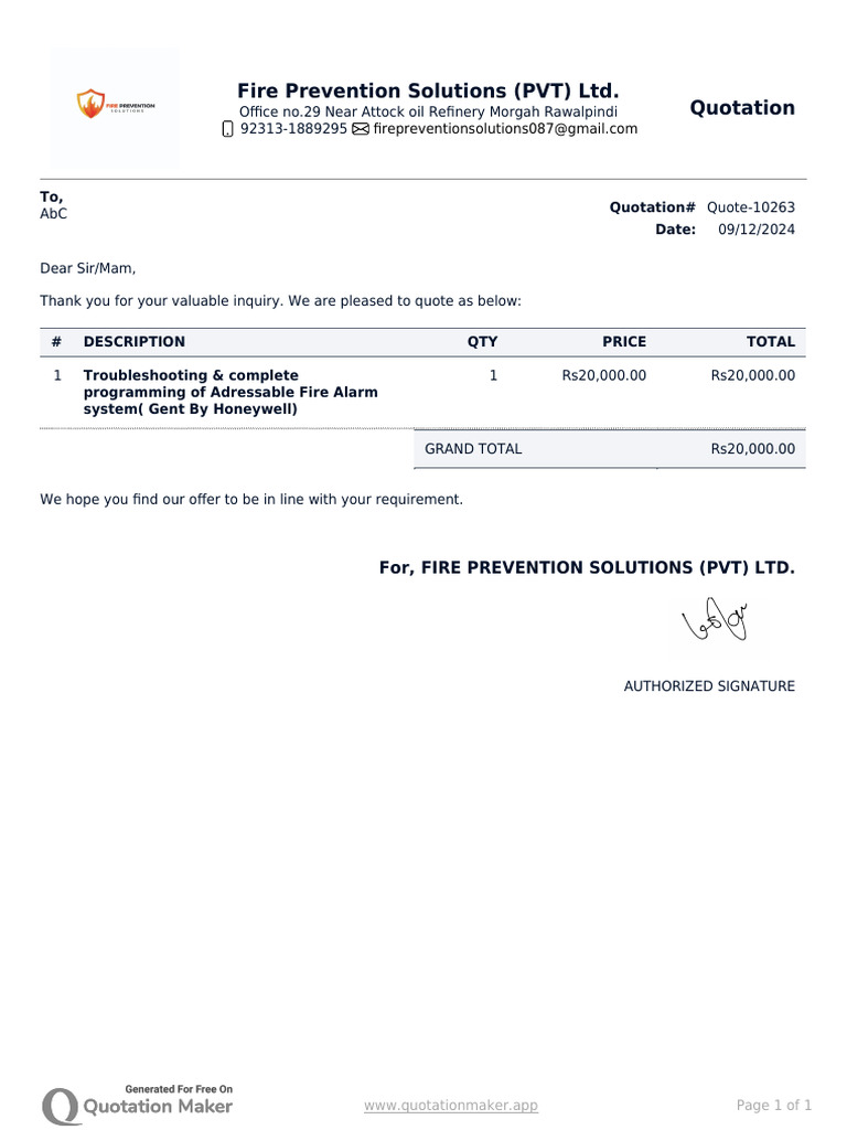 Fire Prevention Solutions (PVT) Ltd. Quotation: To, Quotation# Quote ...