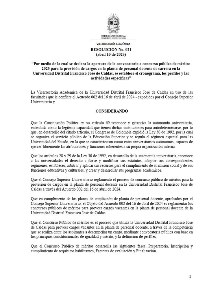 Res 021 2025 Apertura Concurso | PDF | Doctorado | Maestría