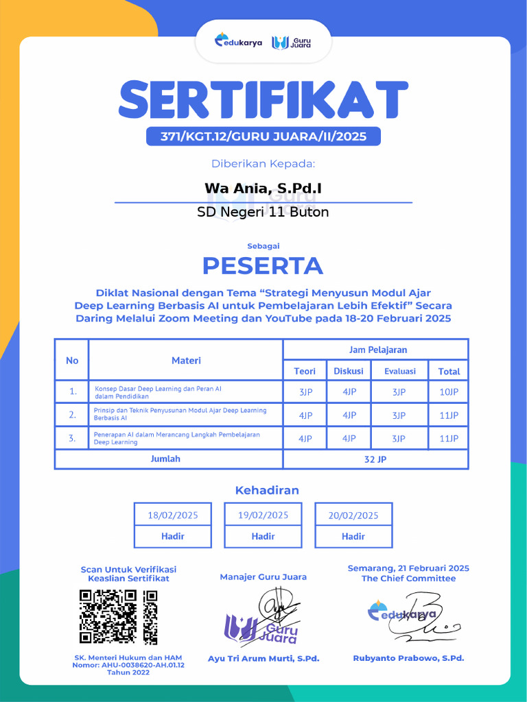 SERTIFIKAT 1 WA ANIA, S.Pd.I | PDF