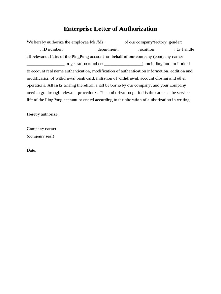 Enterprise Authorization Letter Template | PDF