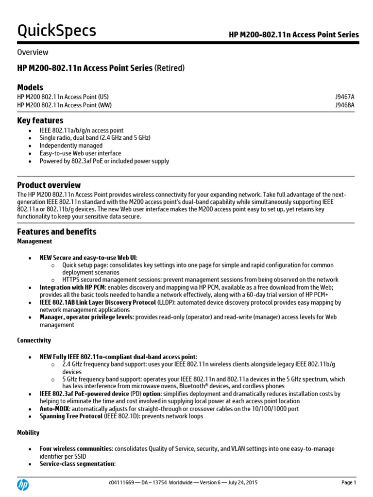 HP M200-802.11n Access Point Series-C04111669 | PDF | Ieee 802.11 | Wi Fi
