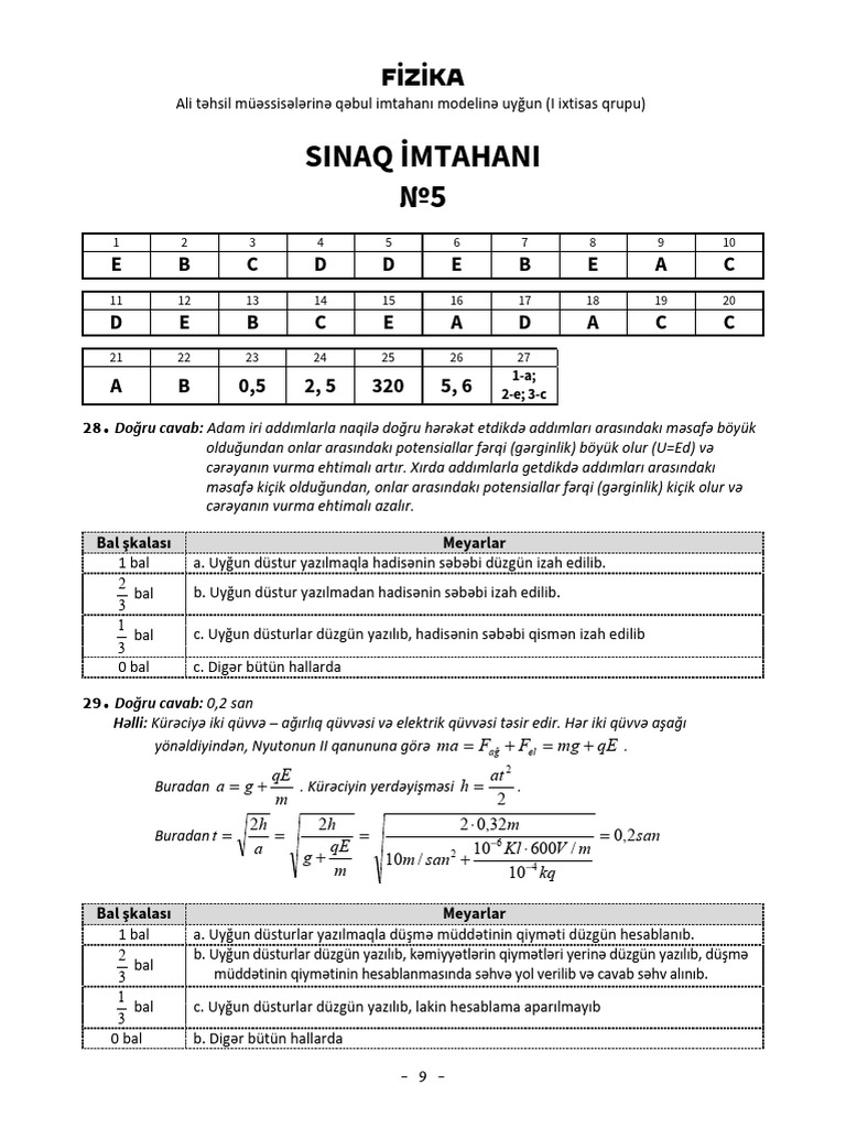 Fizika Qrup 1 AZ Sinaq 5 | PDF