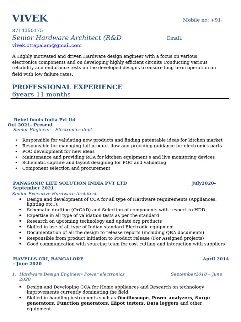 Resume VIVEK Dec 2021 VIVEK V. 1661951034850 VIVEK V | PDF | Electrical ...