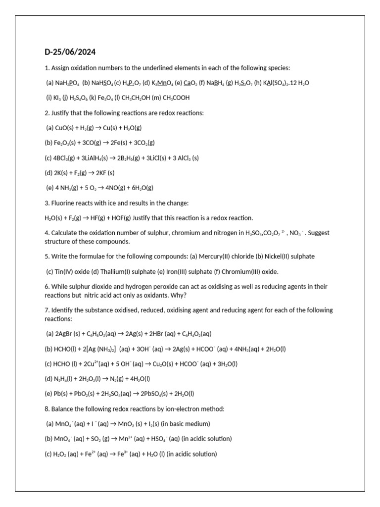 Redox Reactions and Oxidation Numbers Guide | PDF