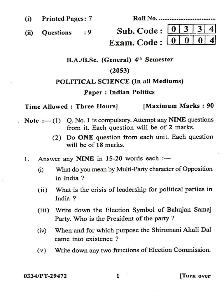BA BSC - General - 4th Sem - Political Science - Paper - Indian ...