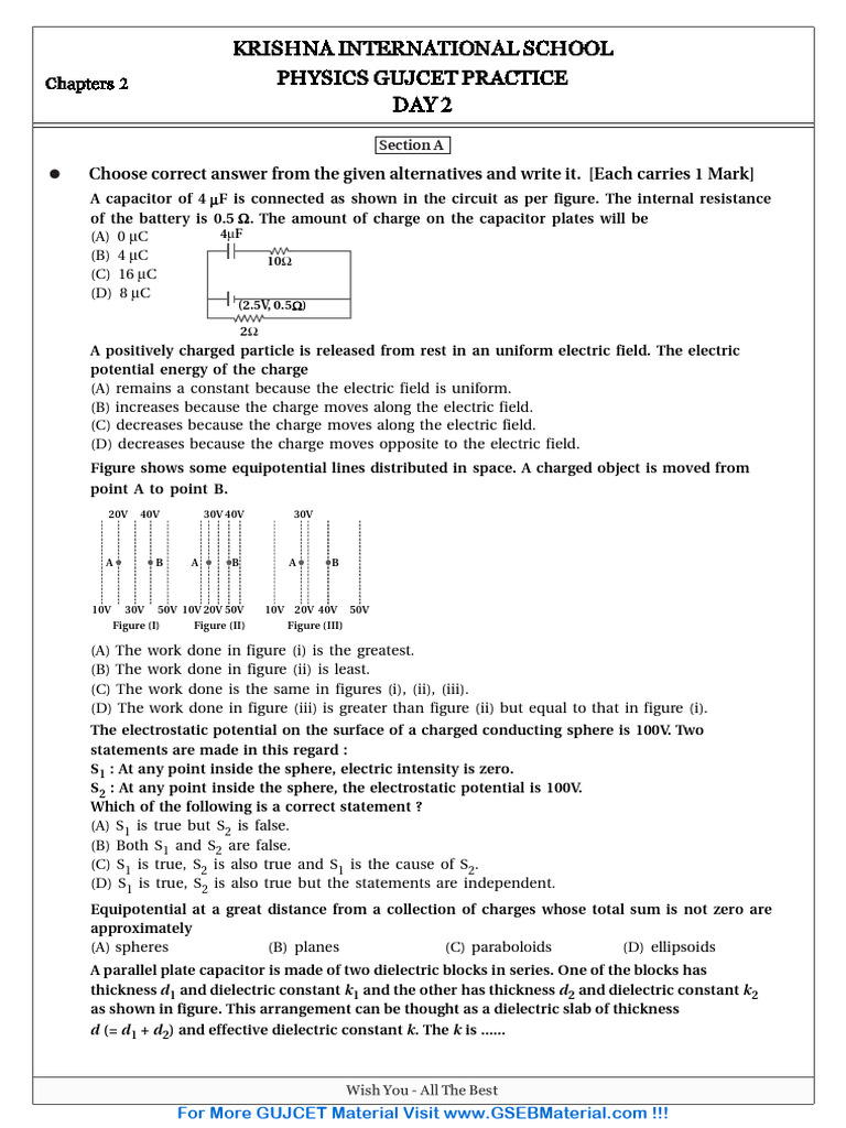 GUJCET Physics Paper Ch-2 (EM) (GSEBMaterial - Com) | PDF | Capacitance ...