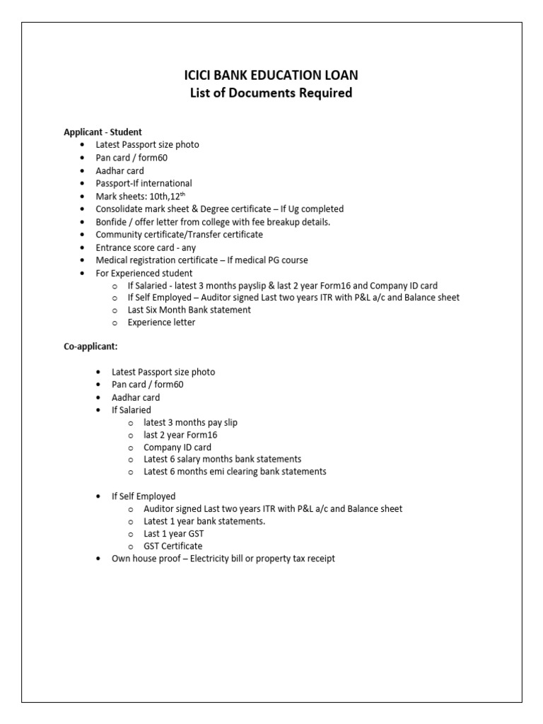 ICICI Bank Education Loan Document Checklist | PDF