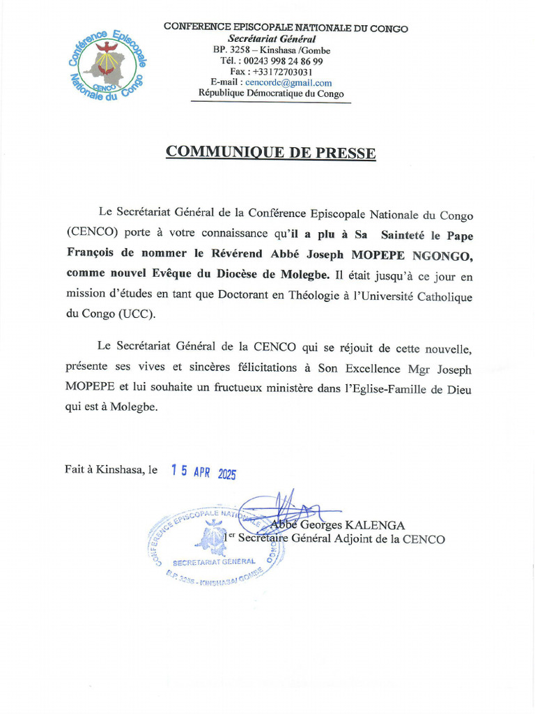 Communique de Presse-Nomination Nouvel Eveque de Molegbe | PDF