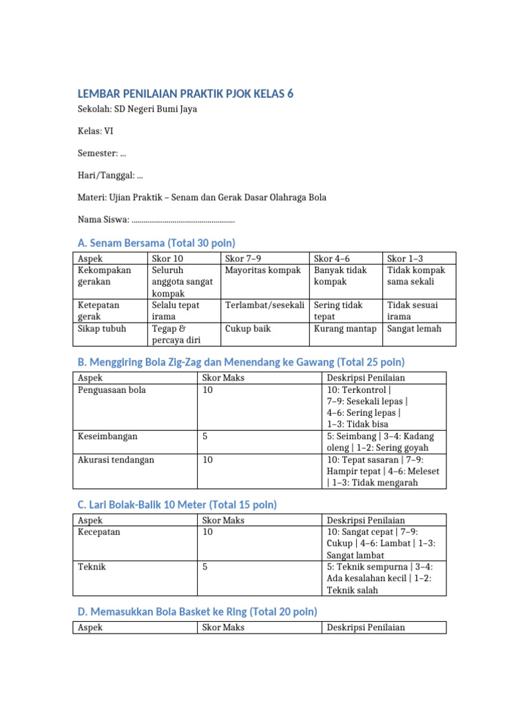 Rubrik Penilaian Praktek PJOK Kelas 6 | PDF