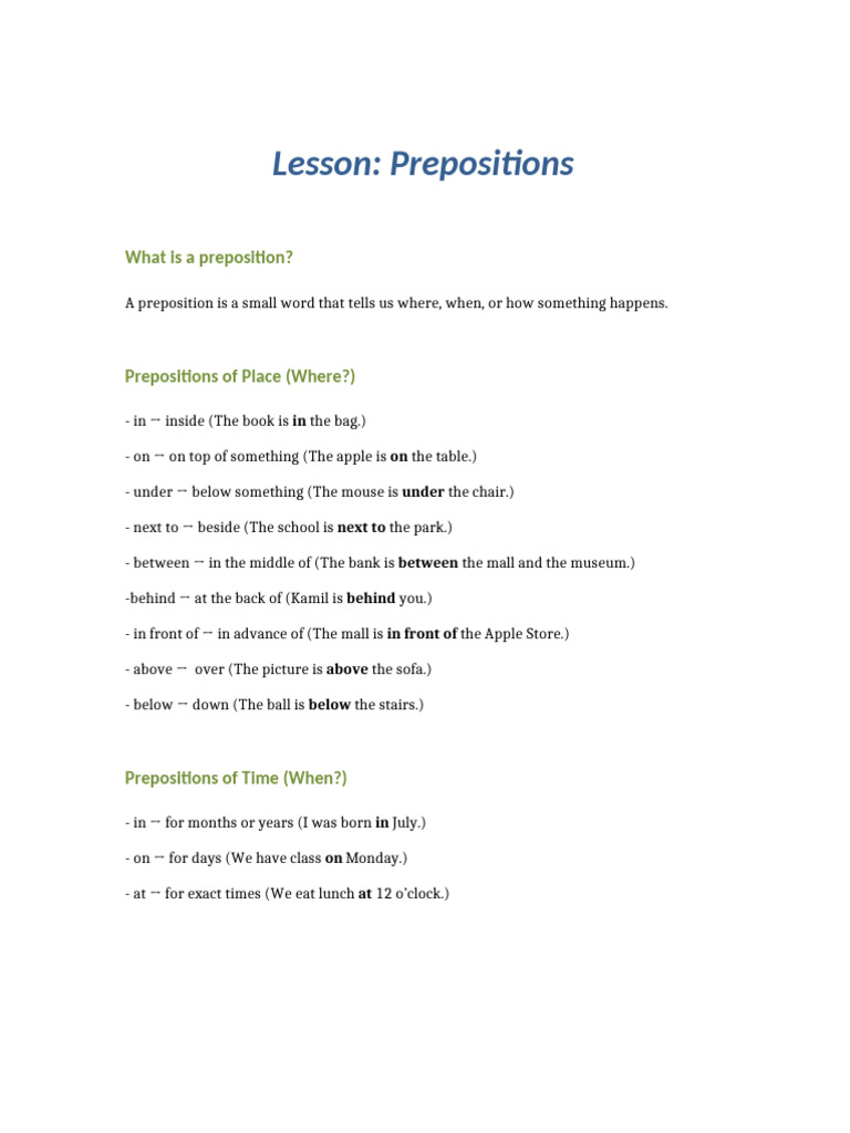 Prepositions: Usage and Exercises | PDF