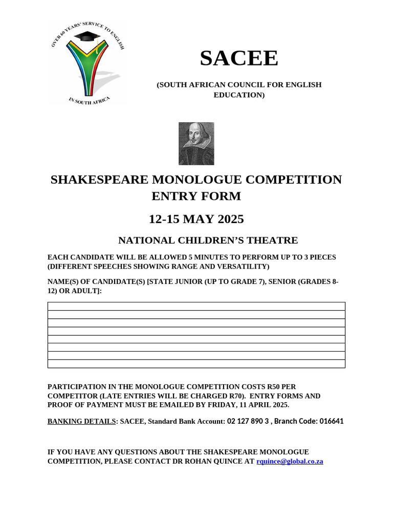 SACEE 2025 - Shakespeare Monologue Entry Form | PDF