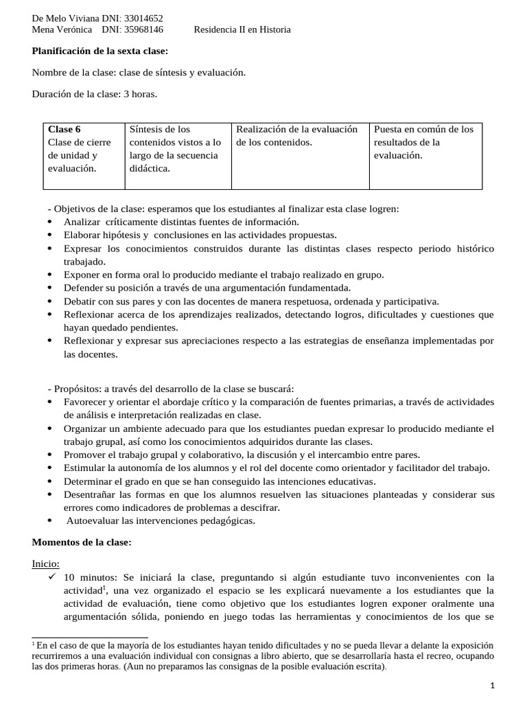Bosquejo - Planificaci N de La Sexta Clase | PDF | Evaluación | Enseñando