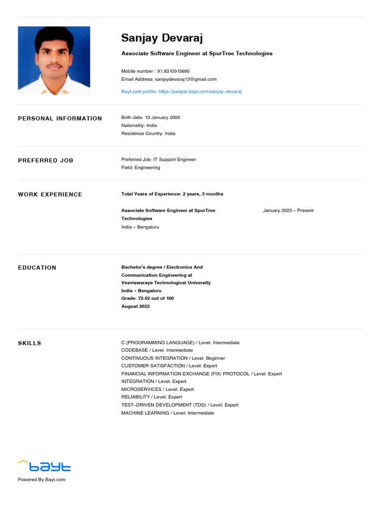 Sanjay Devaraj: IT Support Engineer Resume | PDF