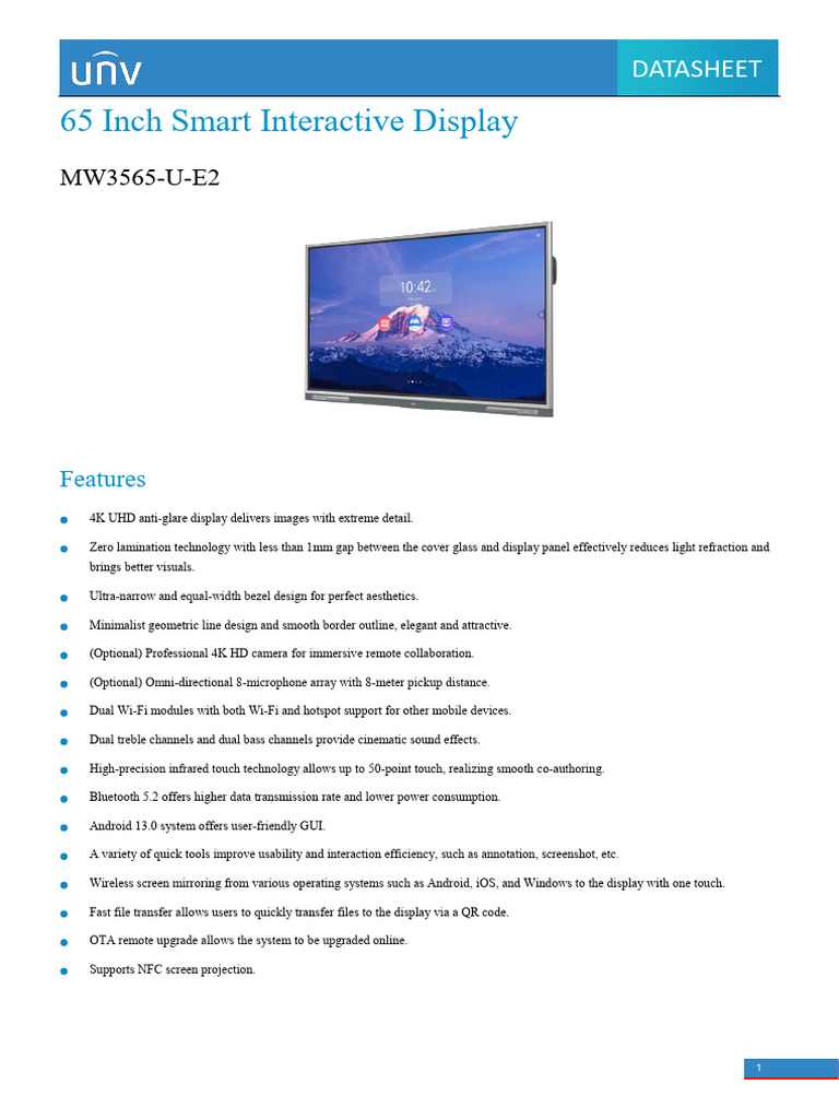 【Datasheet】UNV MW3565-U-E2 65 Inch Smart Interactive Display 20250121 (For Internal Use Only ...