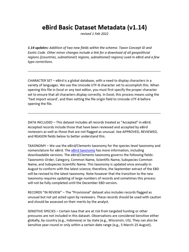 EBird Basic Dataset Metadata v1.14 | PDF | Taxonomy (Biology) | Species
