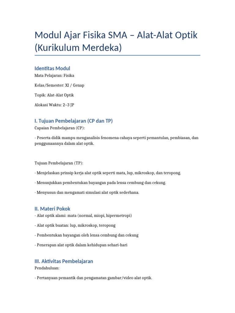 Modul Ajar Fisika Alat Optik Terbaru | PDF