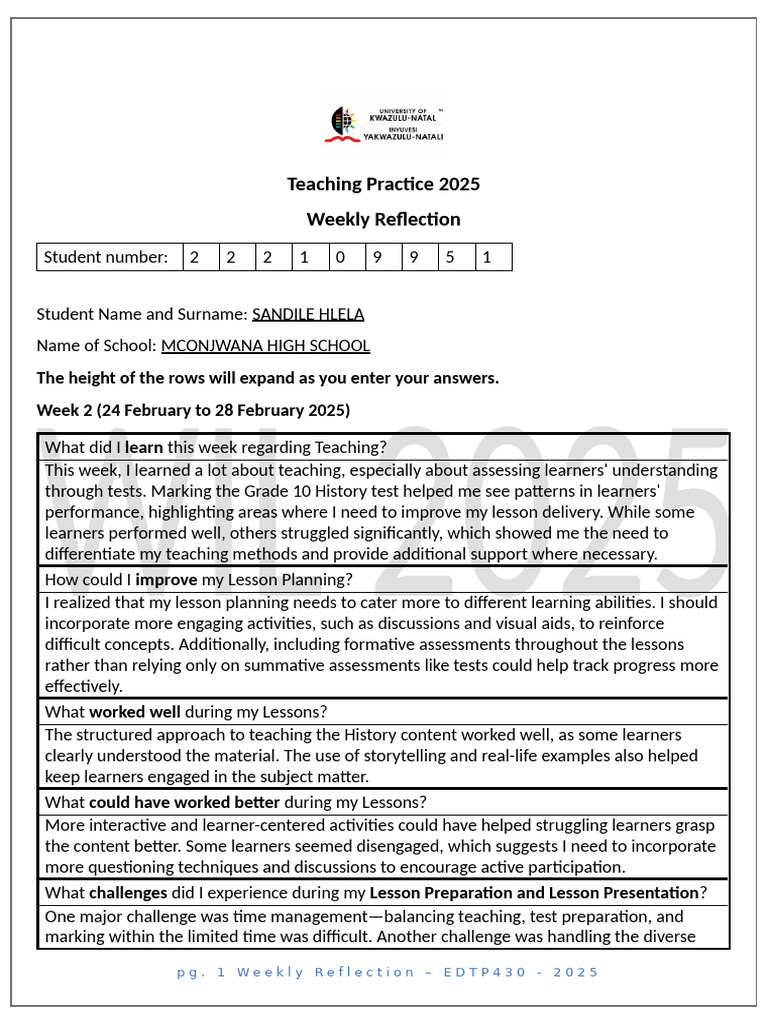 Weekly Reflective Journal 2,3,4,5 AND 6 WEEKS | PDF | Learning | Teaching Method