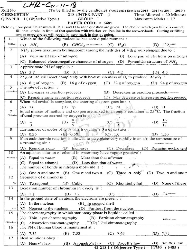 11th-Class-Chemistry-Past-Paper-2018-Lahore-G1-Obj Combine | PDF