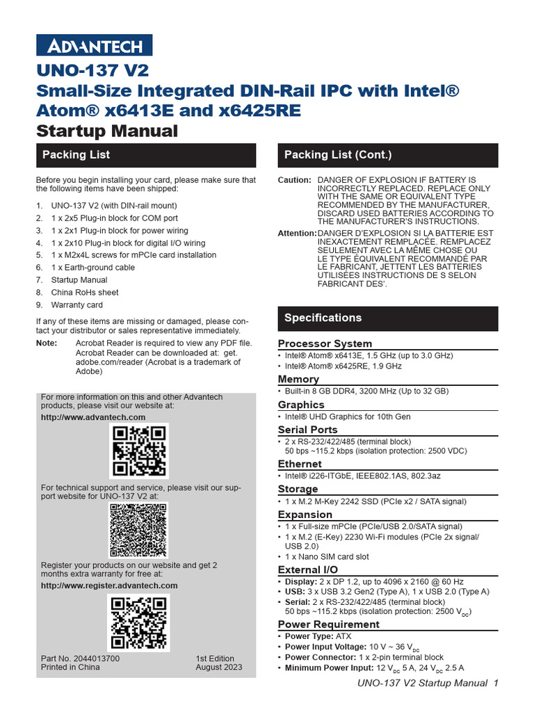 UNO-137_V2_EN_Startup_Manual_Ed.1 | PDF | Computer Hardware | Computer Engineering