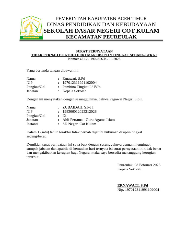 Surat Pernyataan Tidak Pernah Dijatuhi Hukuman Disiplin Tingkat Sedang ...