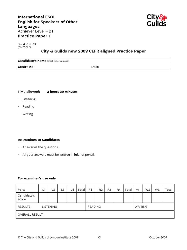 City and Guilds English Language Exam B1 | PDF