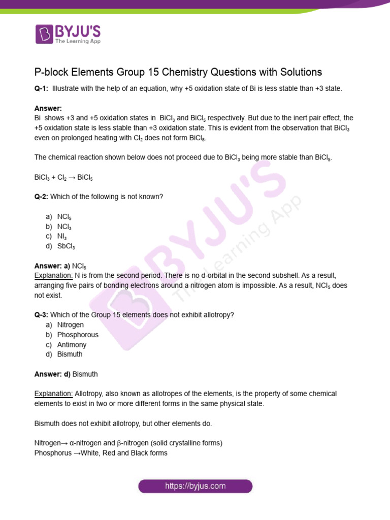 Group 15 P-Block Chemistry Insights | PDF | Nitrogen | Phosphorus