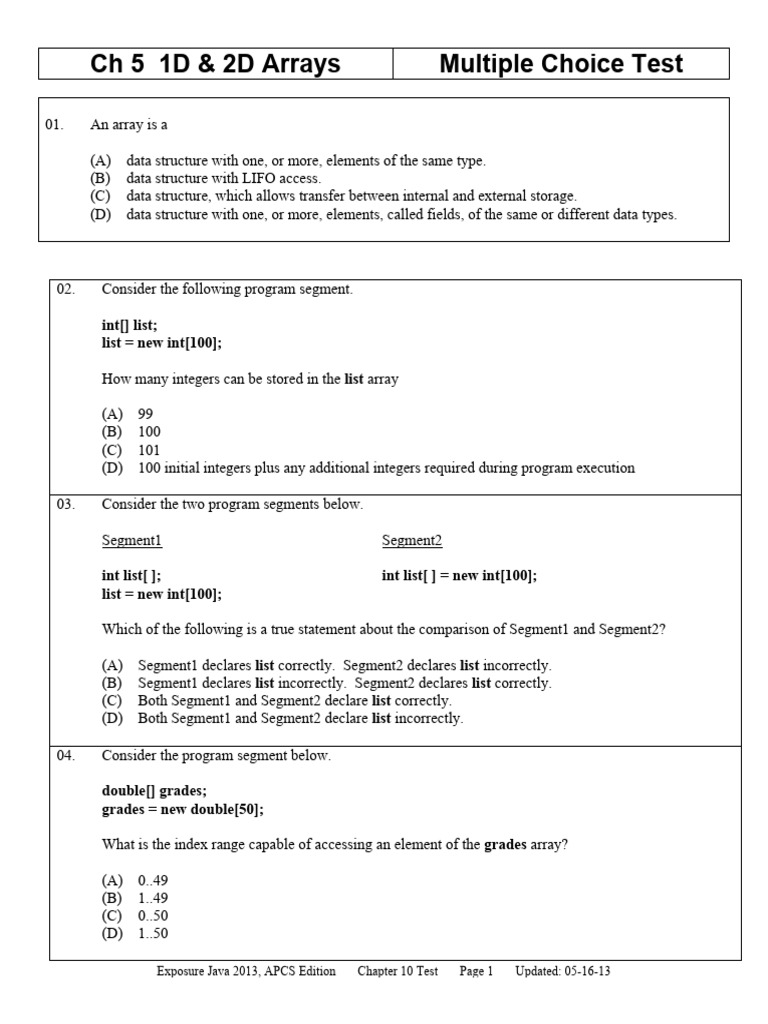50 Questions 1D Arrays2d Arrays Use in AP Review | PDF | Integer ...