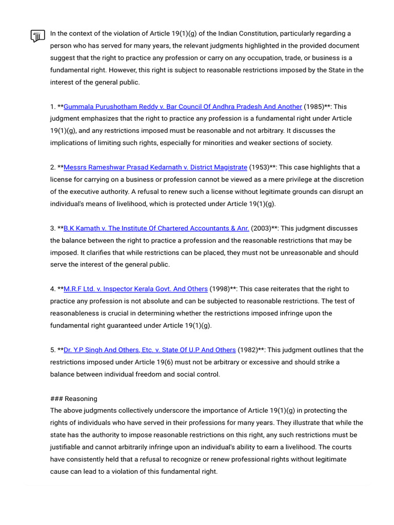 Article 19(1)(g) Rights and Restrictions | PDF | Fundamental Rights ...