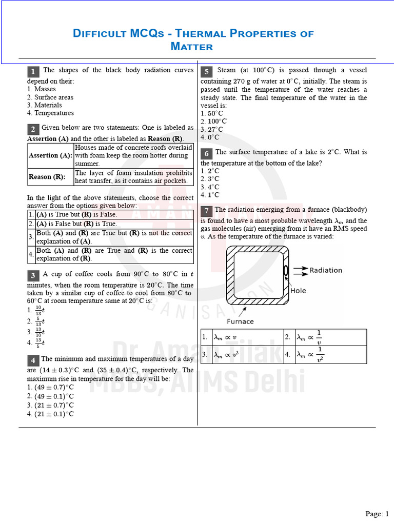 Difficult MCQs - Thermal Properties of Matter | PDF | Temperature | Heat Transfer