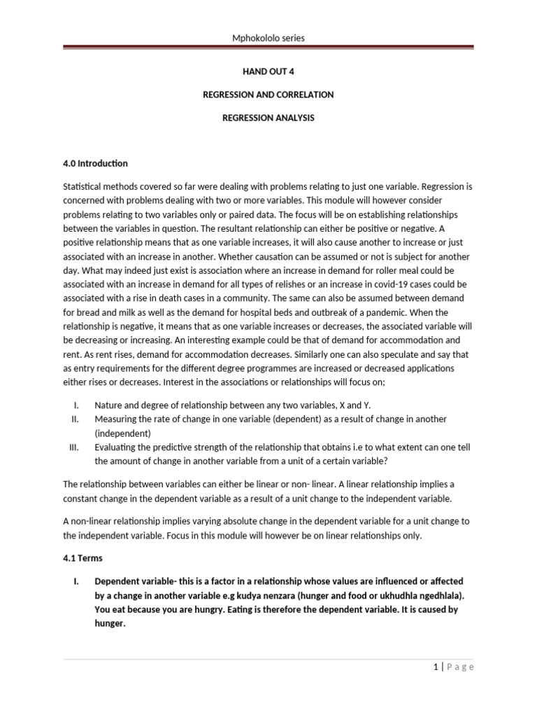 Handout 4 Regression and Correlation | PDF | Regression Analysis | Errors And Residuals