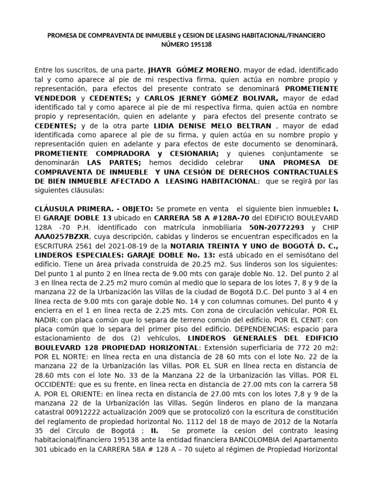 Contrato Promesa de Compraventa y Cesion Contractual | PDF | Correo ...