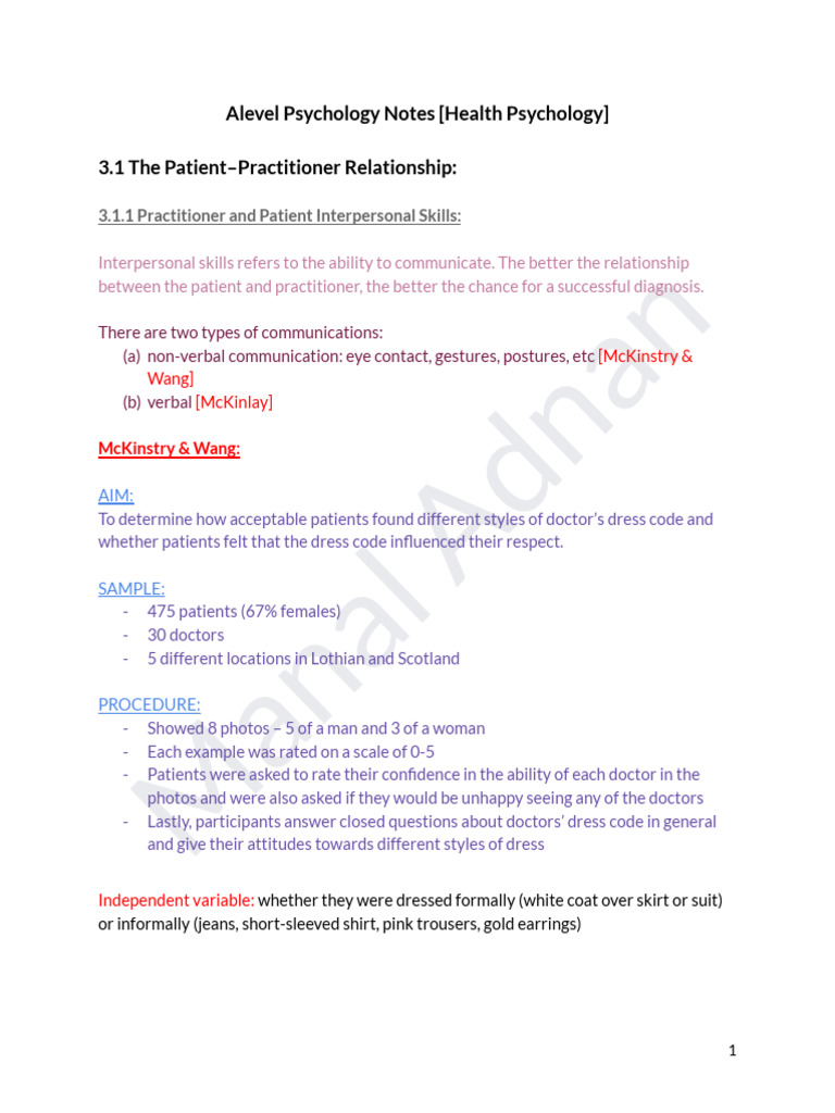 Alevel Psychology Notes (Health Psychology) (Patient-Practitioner ...