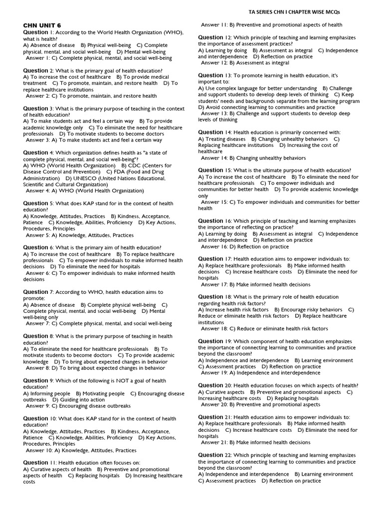 Health Education MCQs for CHN Unit 6 | PDF | Health Education | Health Care