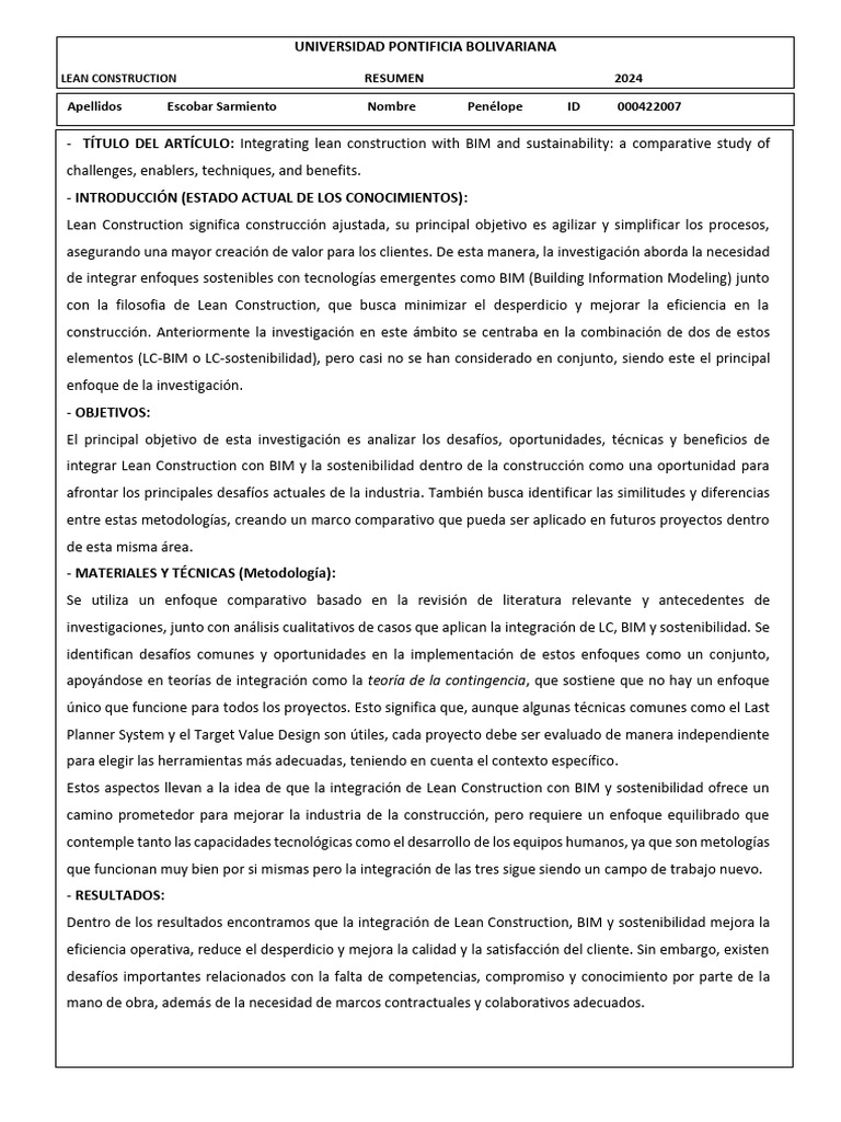 Lean Construction Resumen | PDF | Sustentabilidad | Economias