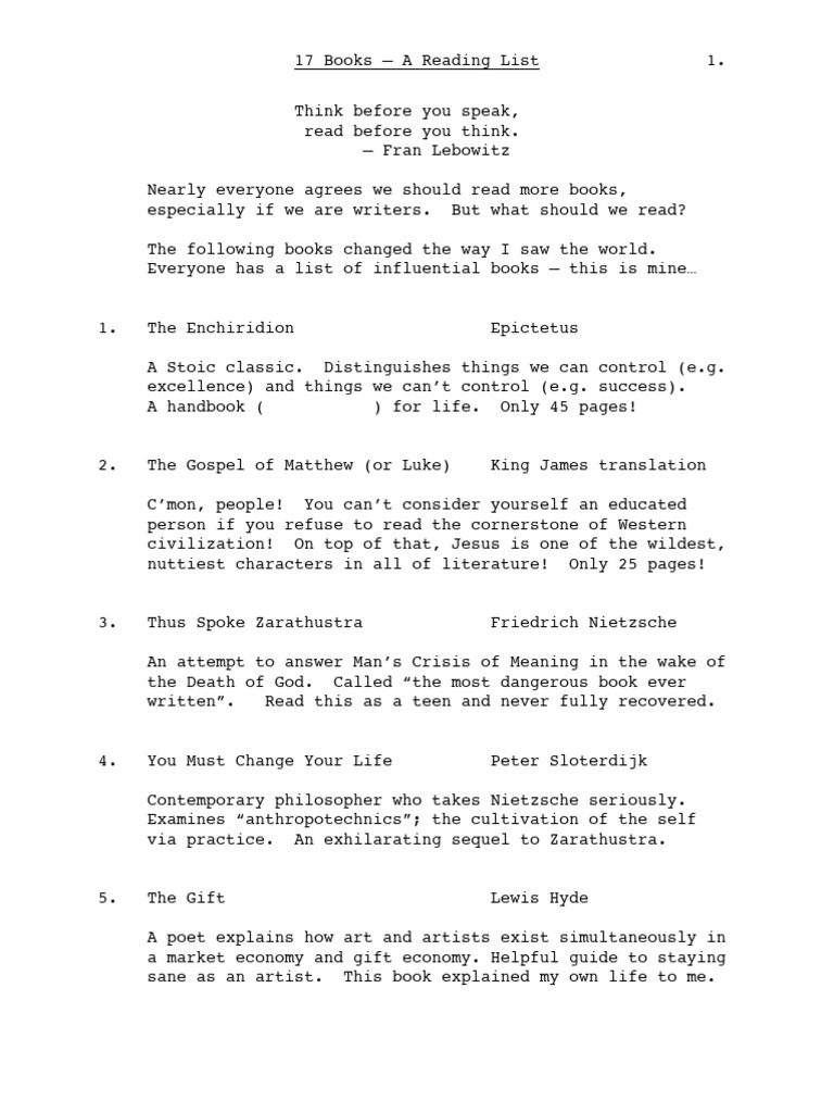 Michael Ardnt 17 Book Recommendation | PDF | Thus Spoke Zarathustra