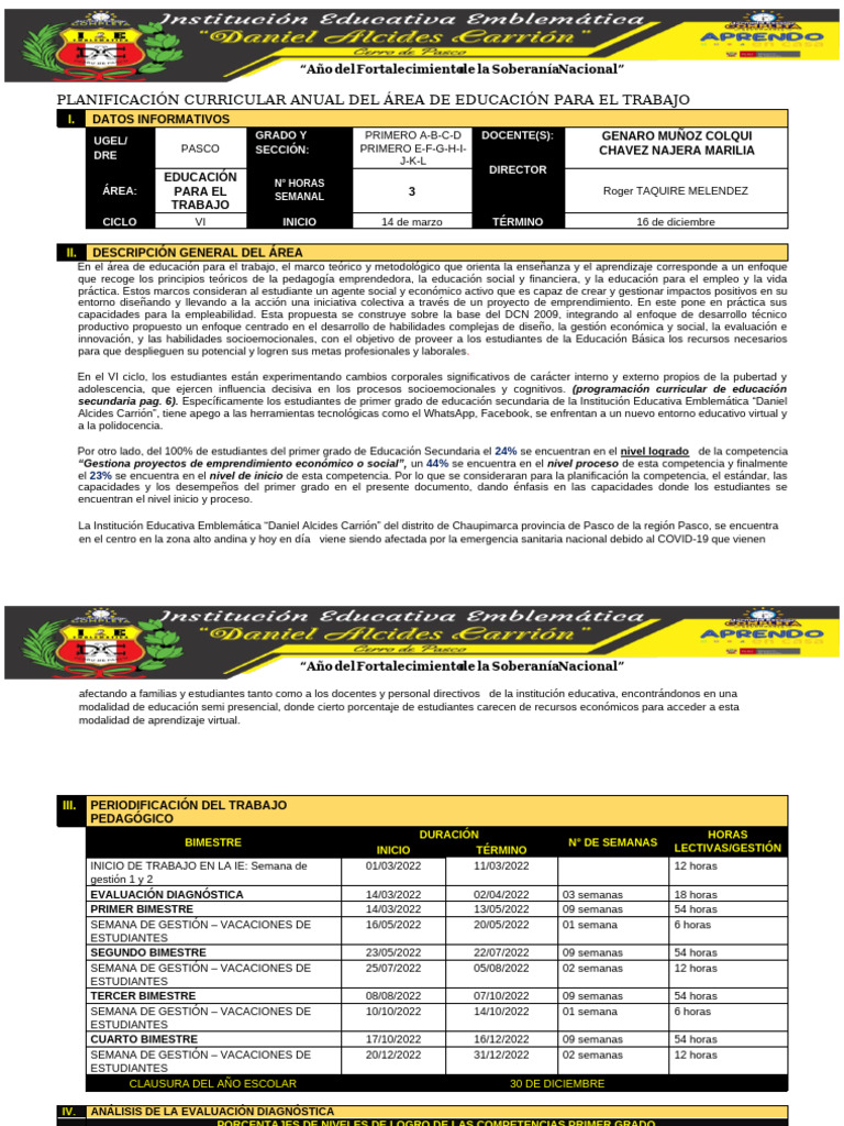 Planificacion Anual Ept 2022 Primero | PDF | Aprendizaje | Evaluación
