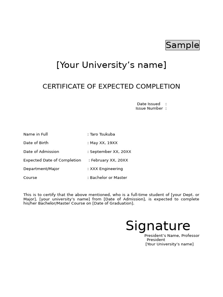 Expected Completion Certificate Sample | PDF