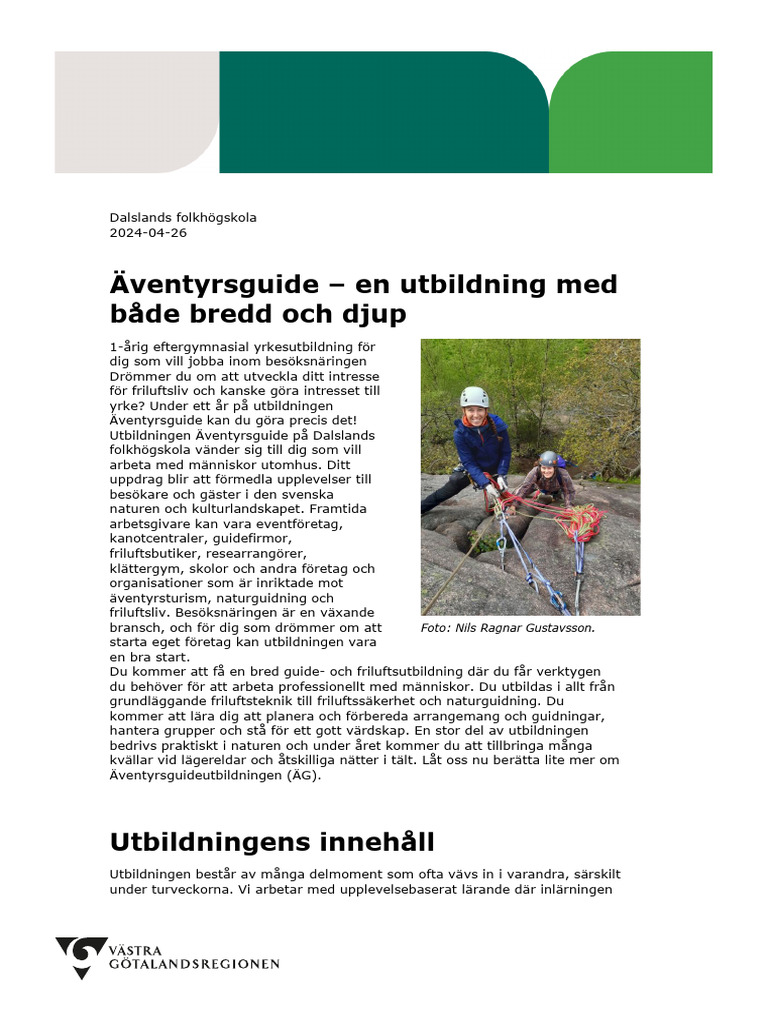 Dalslands folkhögskola Informationsblad om kursen Äventyrsguide | PDF