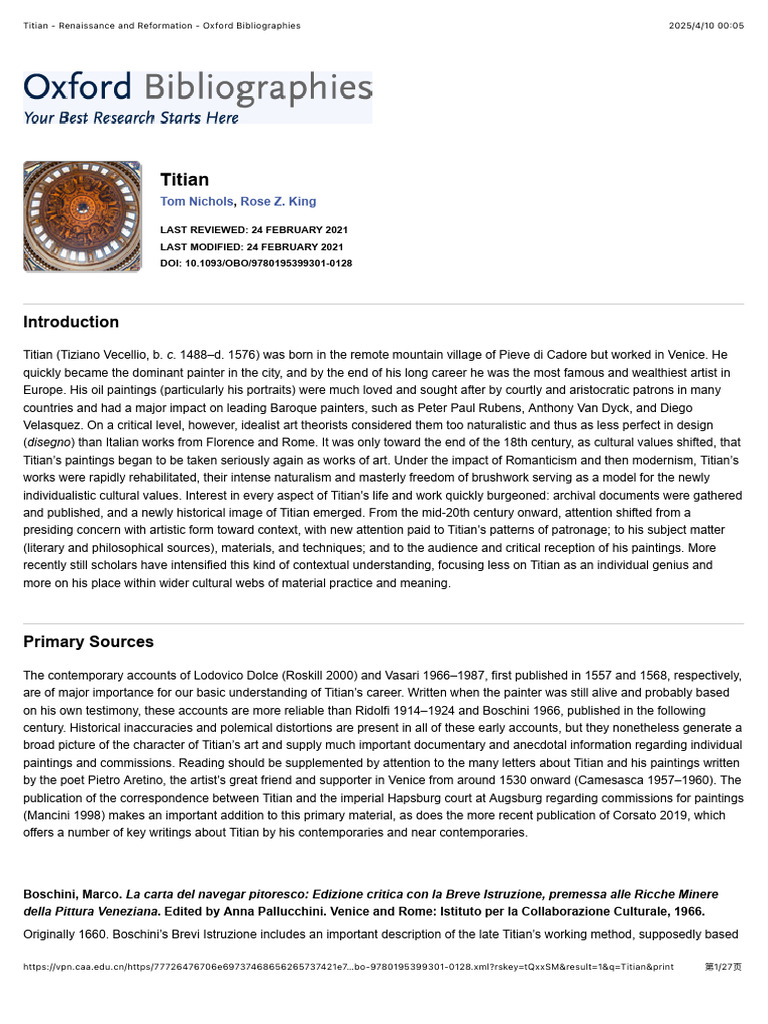 Titian - Renaissance and Reformation - Oxford Bibliographies | PDF ...