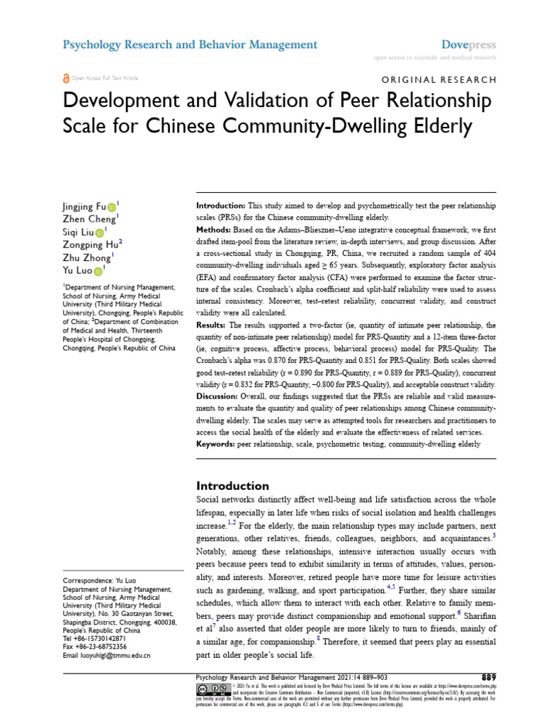 Peer Relationship Scale for Elderly in China | PDF | Validity ...