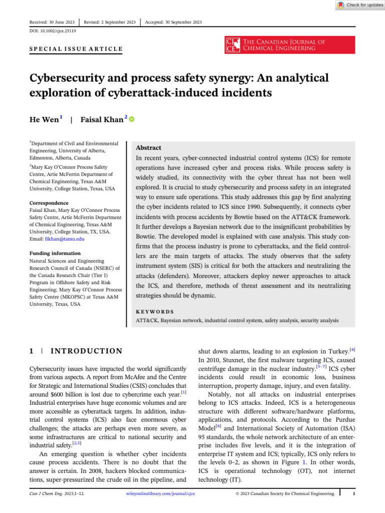 Cybersecurity and process safety synergy-An analytical exploration of cyberattack‐induced ...