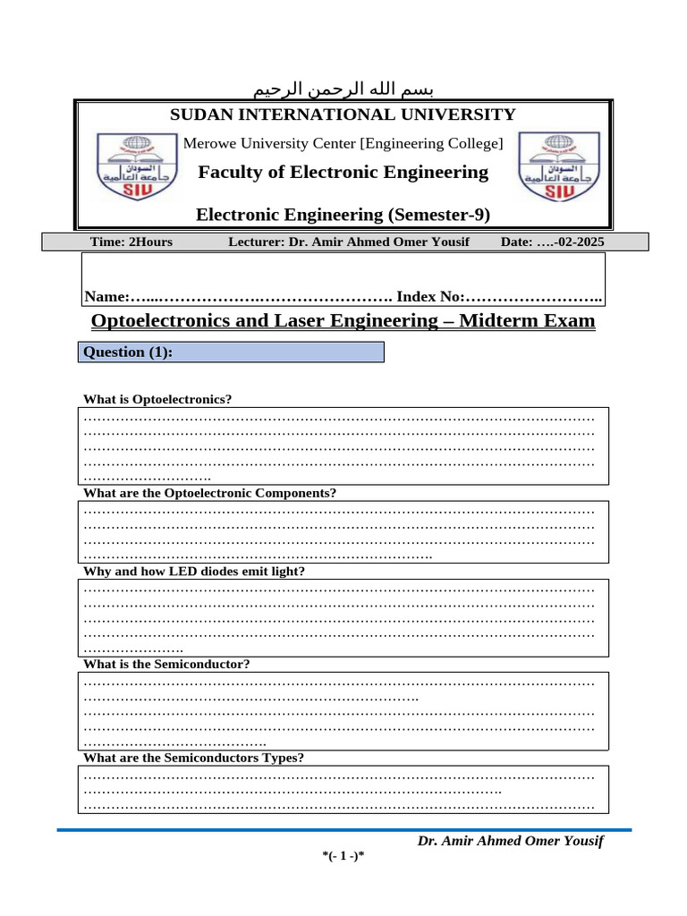 Optoelectronics and Laser Engineering - Midterm Exam - Feb 2025 | PDF | Semiconductors | Atomic