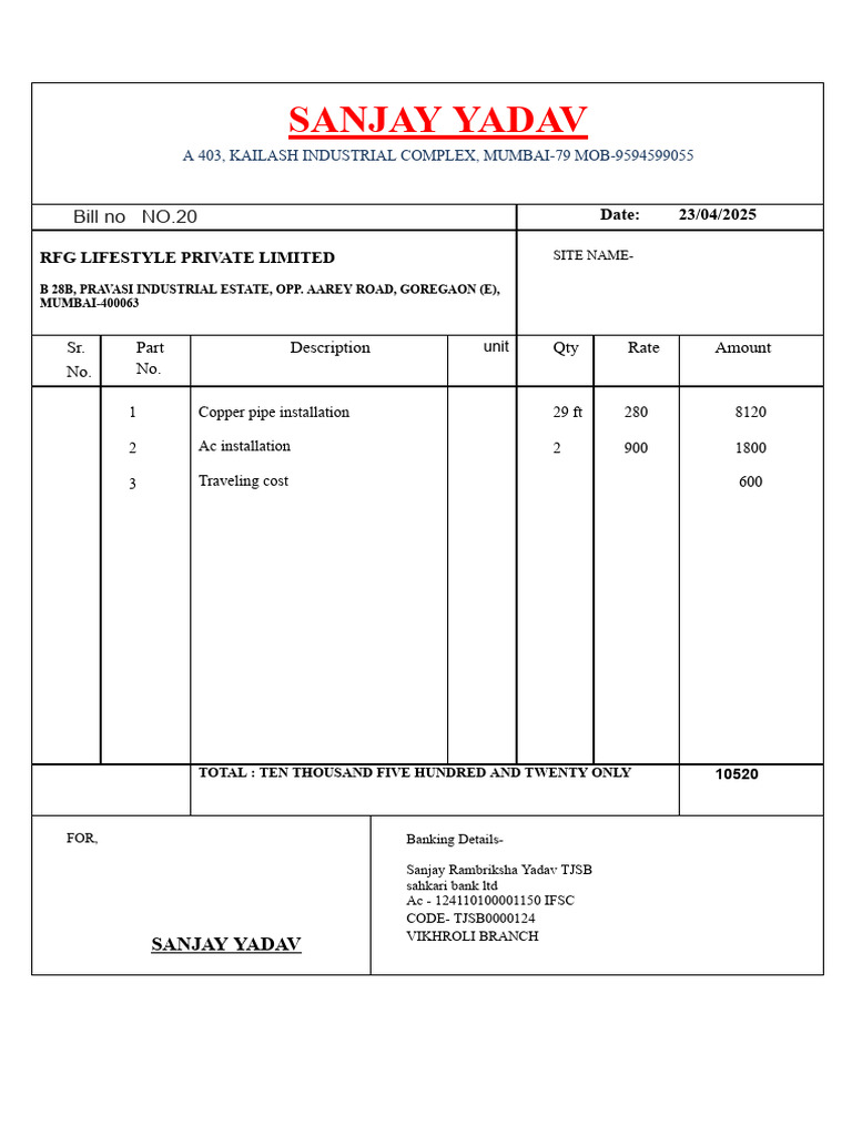 Invoice for Copper Pipe Installation | PDF
