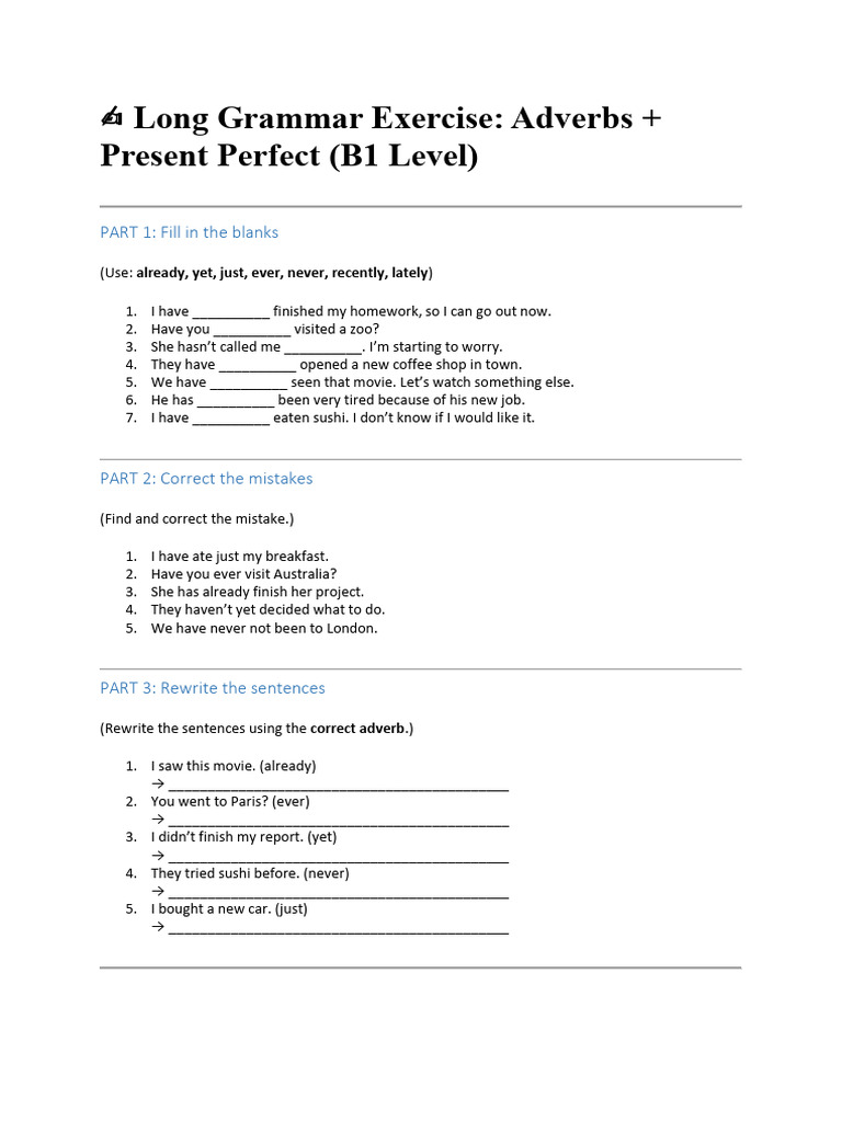 Long Grammar Exercise Adverb | PDF | Linguistic Morphology | Syntax