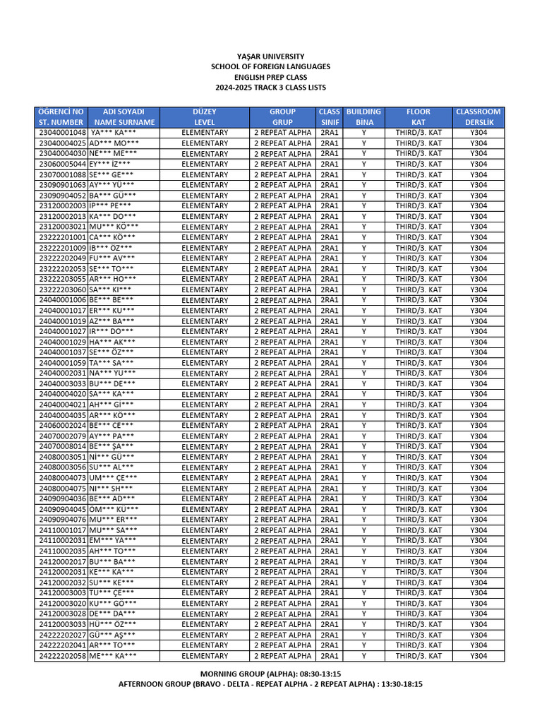 2024-2025 English Prep Class List | PDF